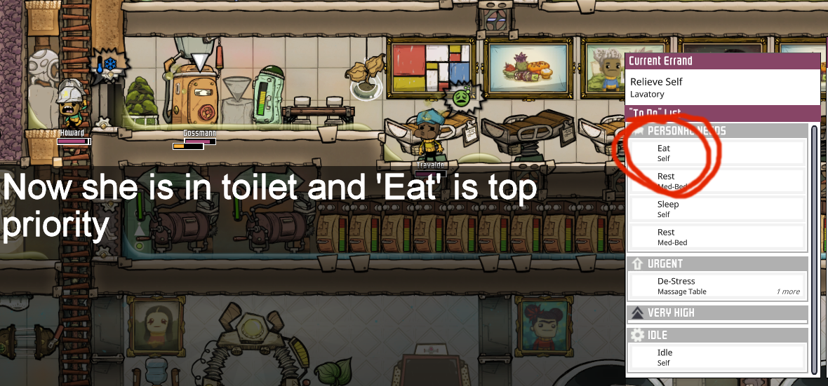 Urgency Priority Loop - toilet going over eating - Oxygen Not Included ...