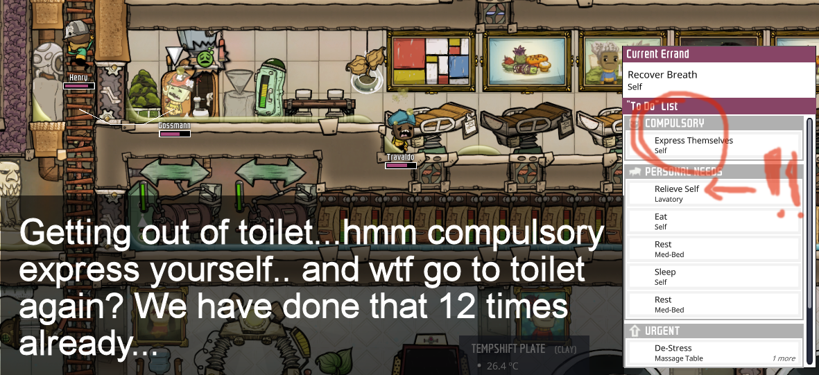 Urgency Priority Loop - toilet going over eating - Oxygen Not Included ...