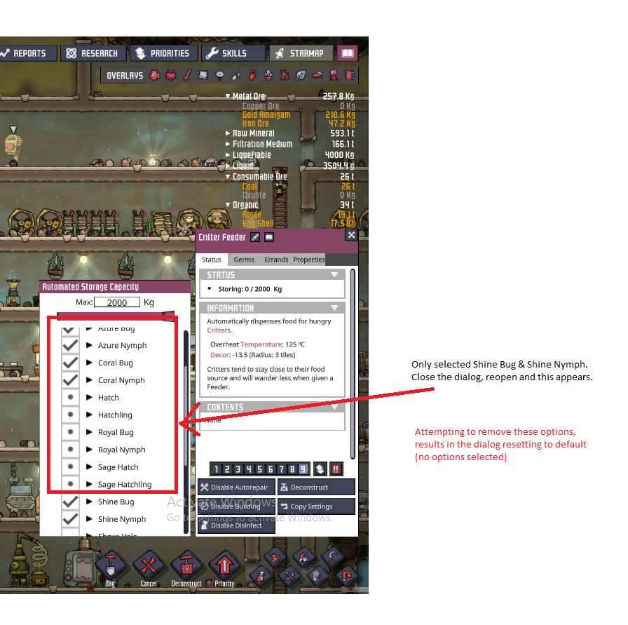Critter Feeder bug (unchosen options ticked when reopening dialog ...