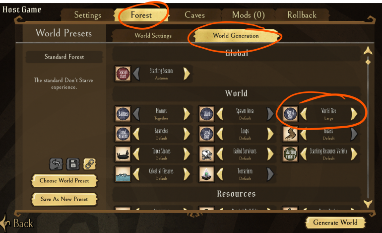 Generating a small world - [Don't Starve Together] Mods and Tools - Klei Entertainment Forums