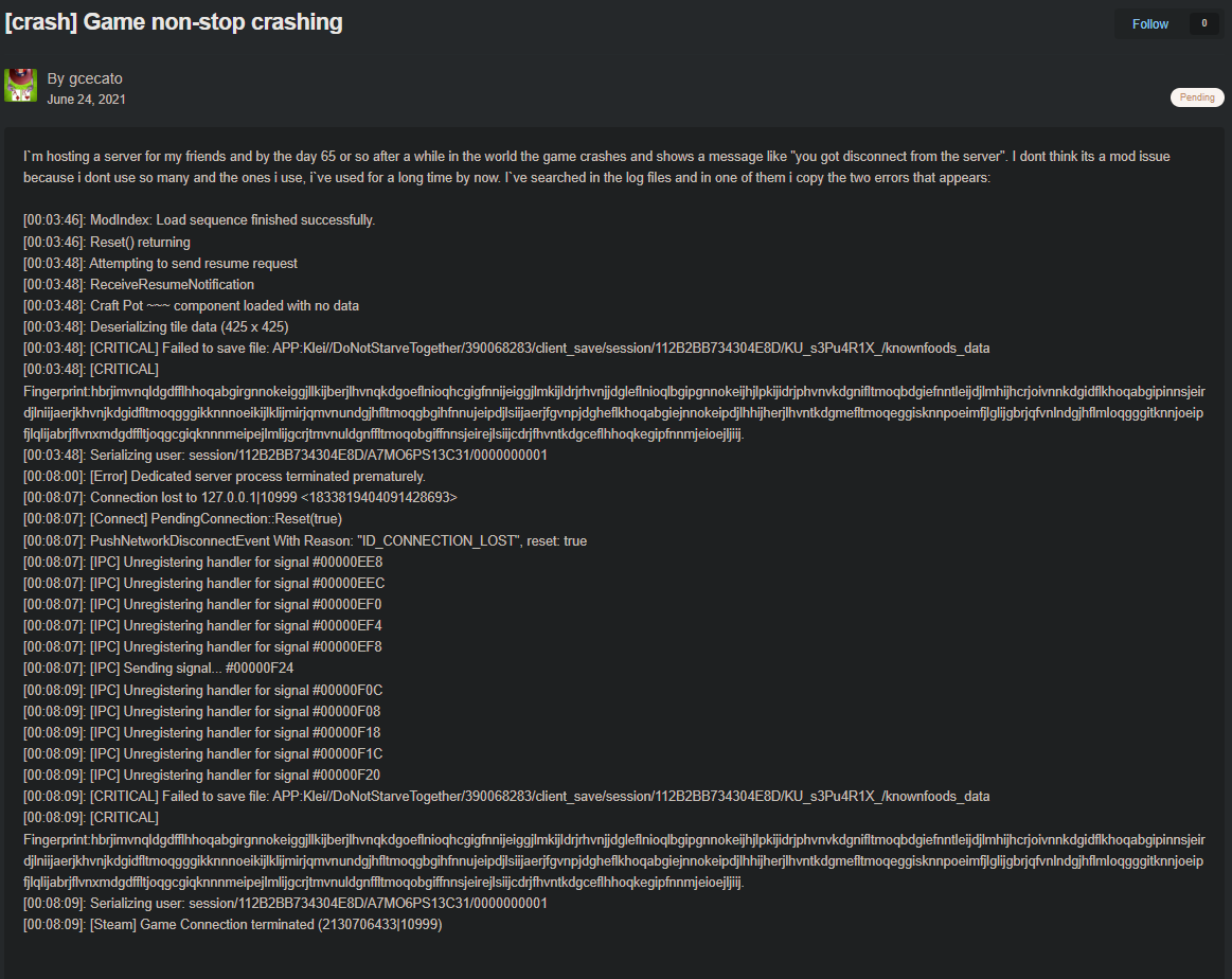 Game Crash Randomly - Don't Starve Together - Klei Entertainment Forums