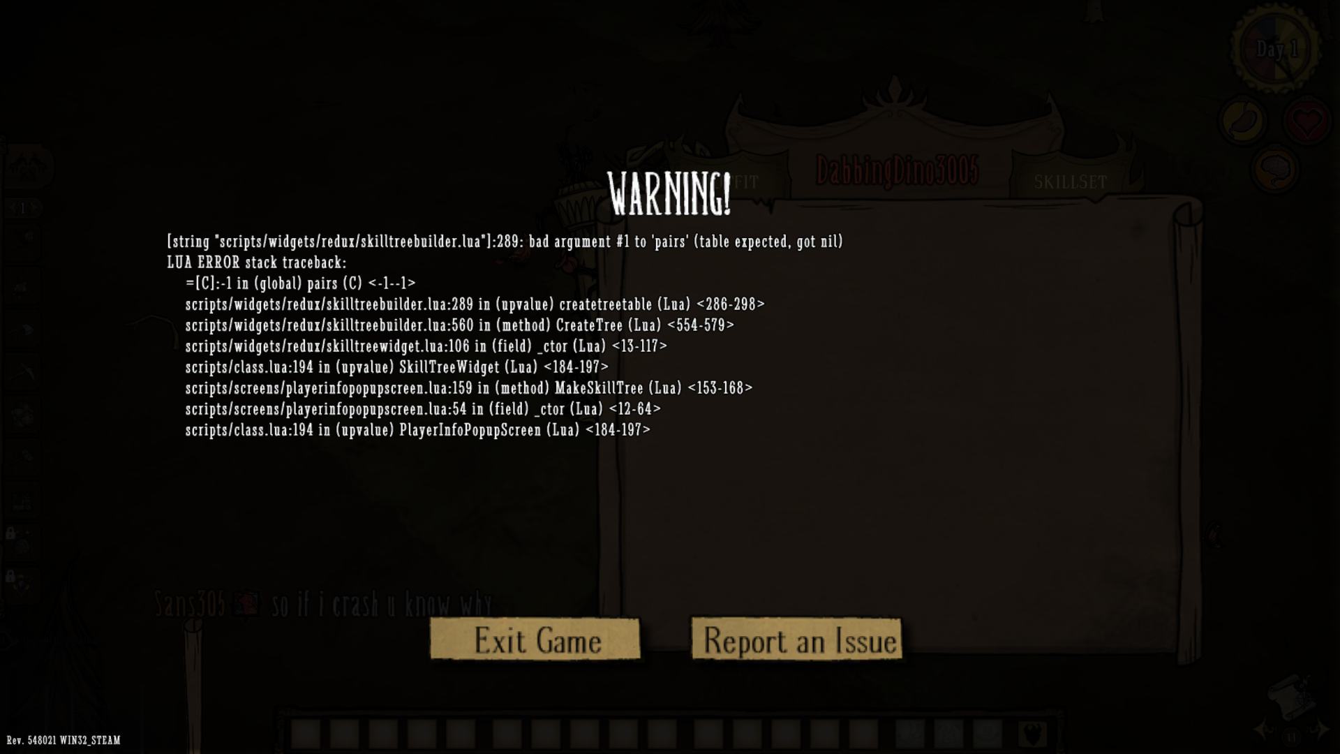 Opening someone's profile causes the game to crash - Don't Starve ...